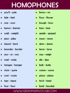 Homophones Examples with Meaning in English - GrammarVocab