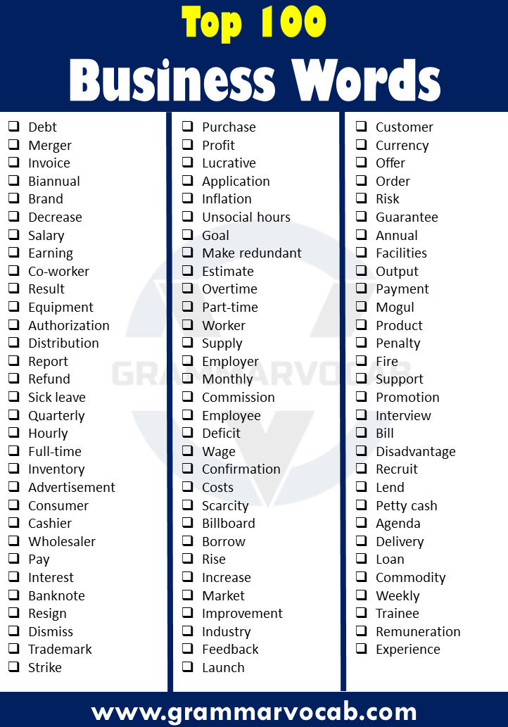 Top 100 Business Vocabulary Words GrammarVocab Top 100 Business Vocabulary Words GrammarVocab