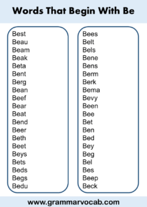 Words That Begin With Be | Vocabulary - GrammarVocab