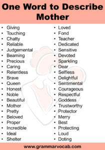 List of One Word to Describe Mother - GrammarVocab