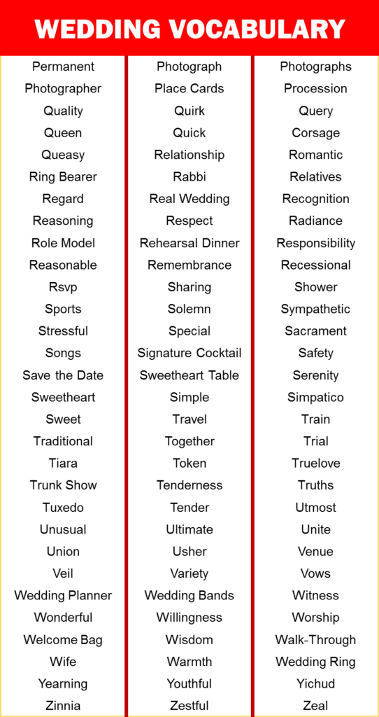 A To Z Wedding Words - GrammarVocab