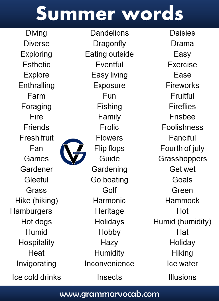 List Of Summer Words GrammarVocab