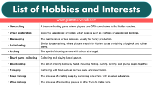 List of Hobbies and Interests - GrammarVocab