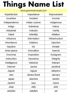 Things Name List A to Z | Objects Name - GrammarVocab