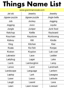 Things Name List A to Z | Objects Name - GrammarVocab