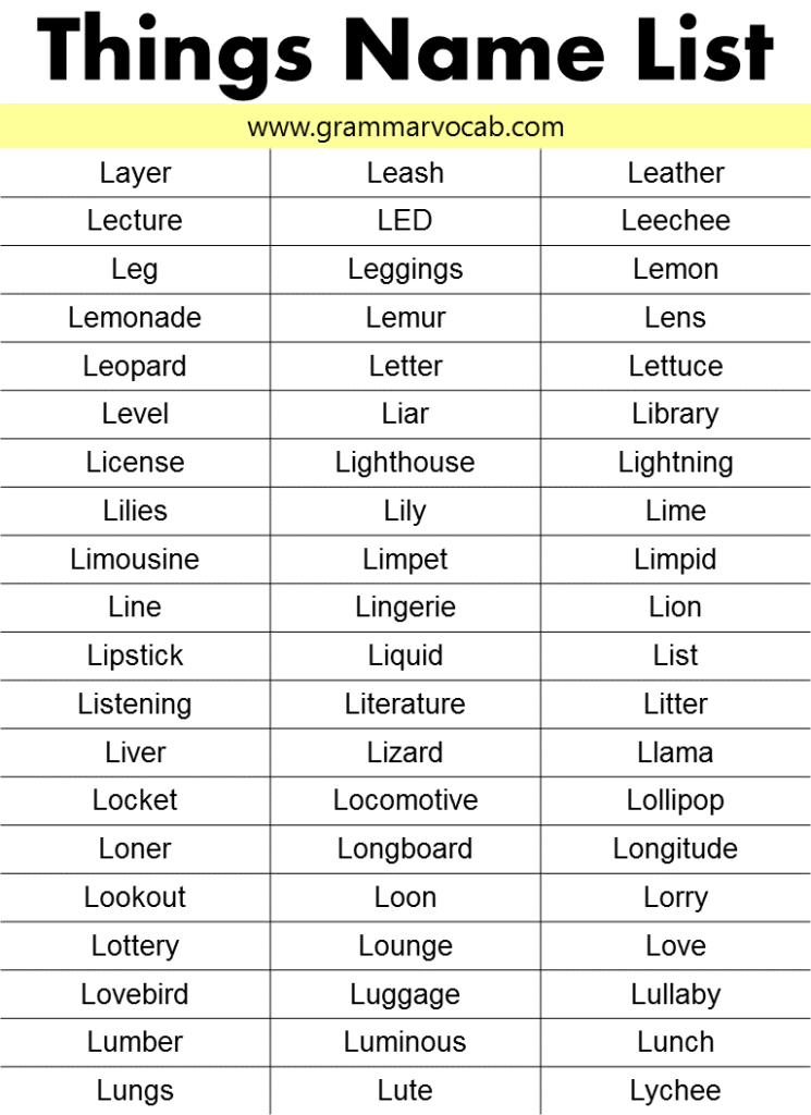 Things Name List A to Z | Objects Name - GrammarVocab