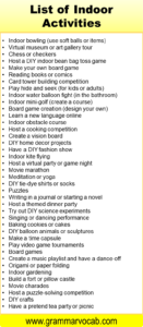 List of Activities: Indoor and Outdoor Activities - GrammarVocab