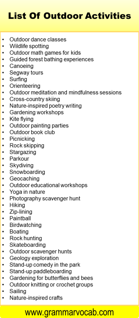 List of Activities: Indoor and Outdoor Activities - GrammarVocab