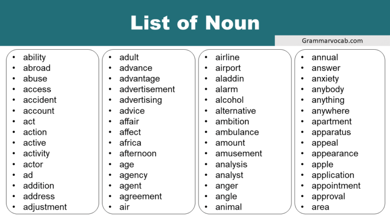 Noun: English Nouns List - GrammarVocab