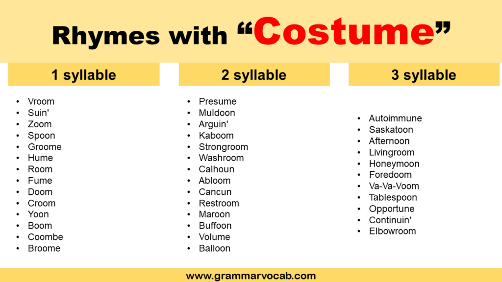 List Of Rhymes With Costume GrammarVocab