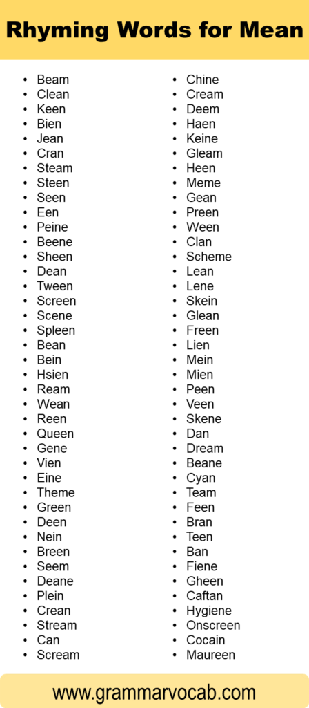 Words That Rhyme With Mean - GrammarVocab