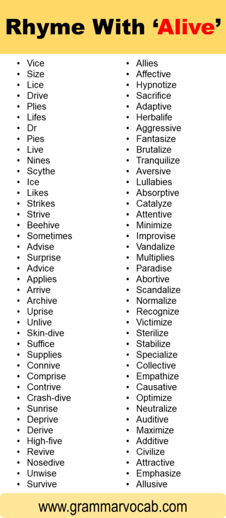 Words That Rhyme With Alive - GrammarVocab