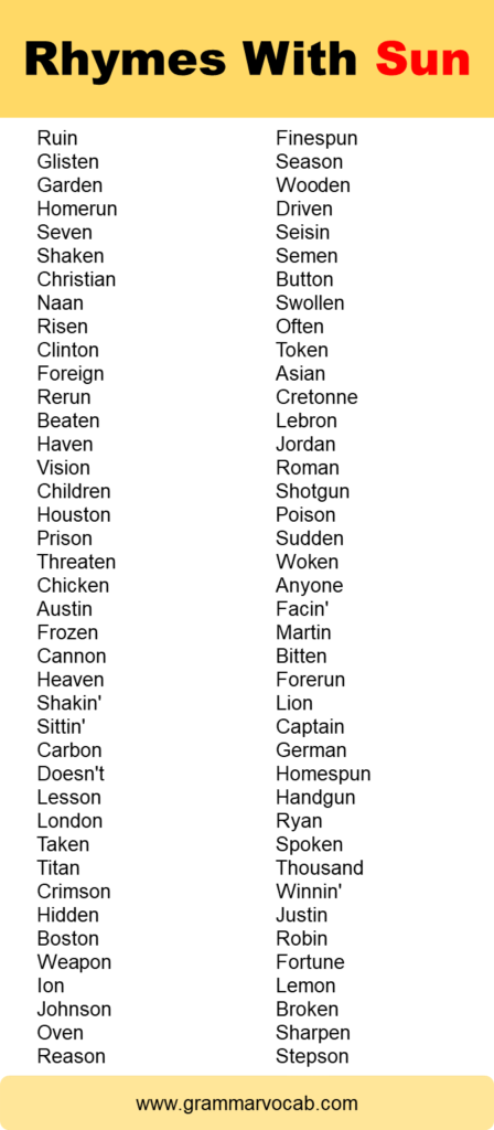 Words That Rhyme With Sun - GrammarVocab