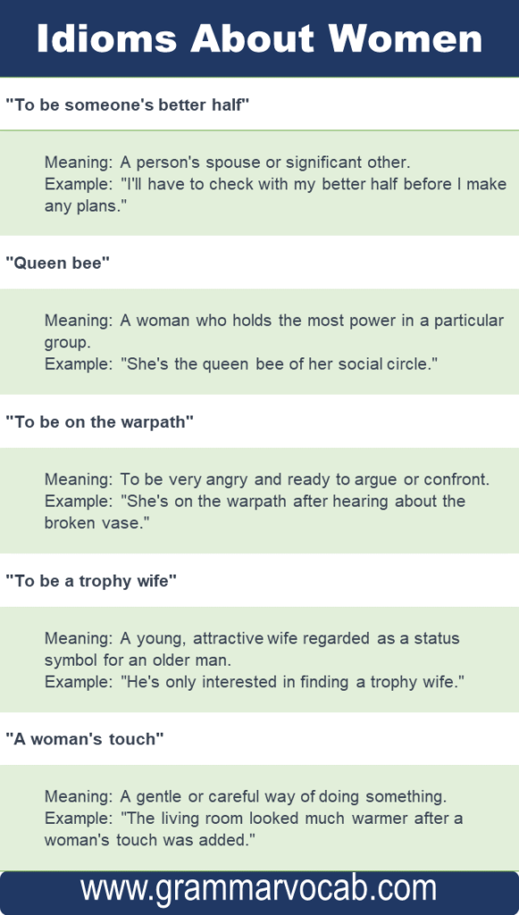 30 Idioms About Women with Meaning and Examples - GrammarVocab
