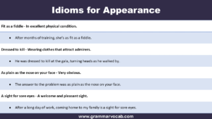 Idioms for Appearance (with Meaning & Examples) - GrammarVocab