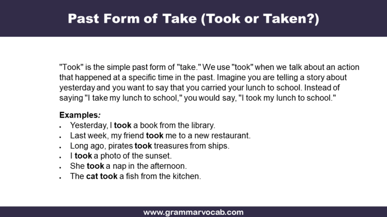 Past Form of Take (Took or Taken) - GrammarVocab